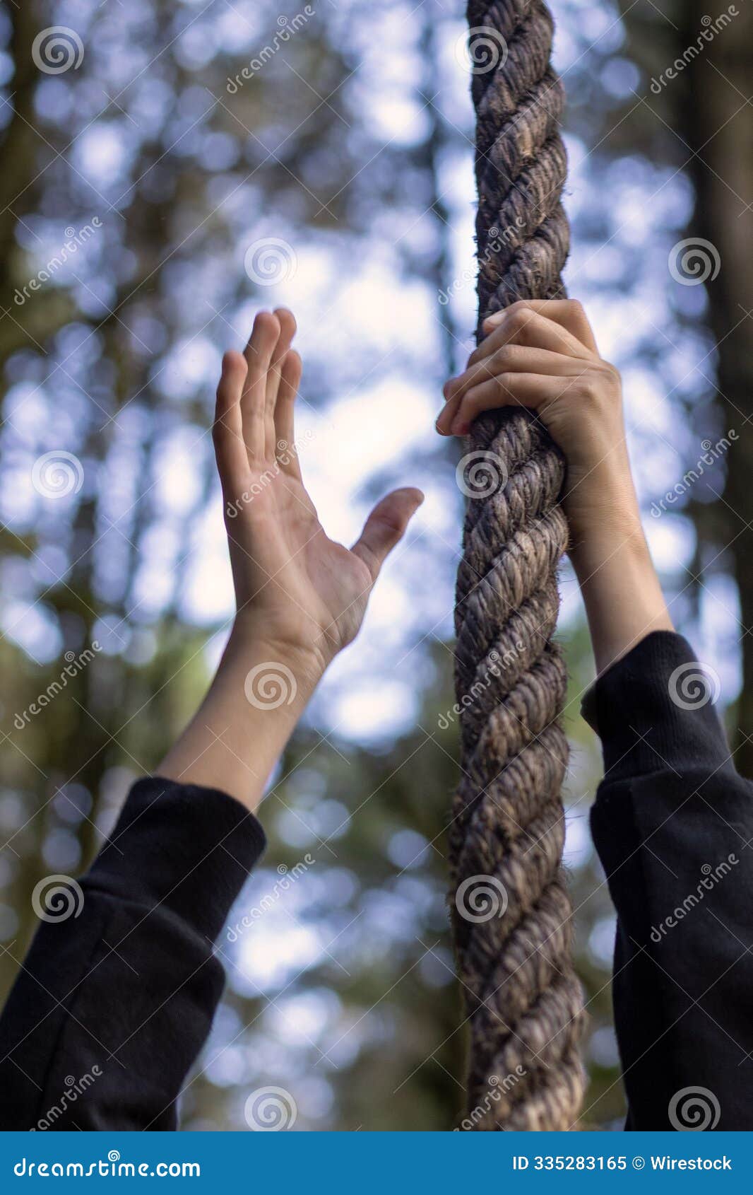 Close-up of Hands Gripping a Thick Rope with a Blurred Forest ...