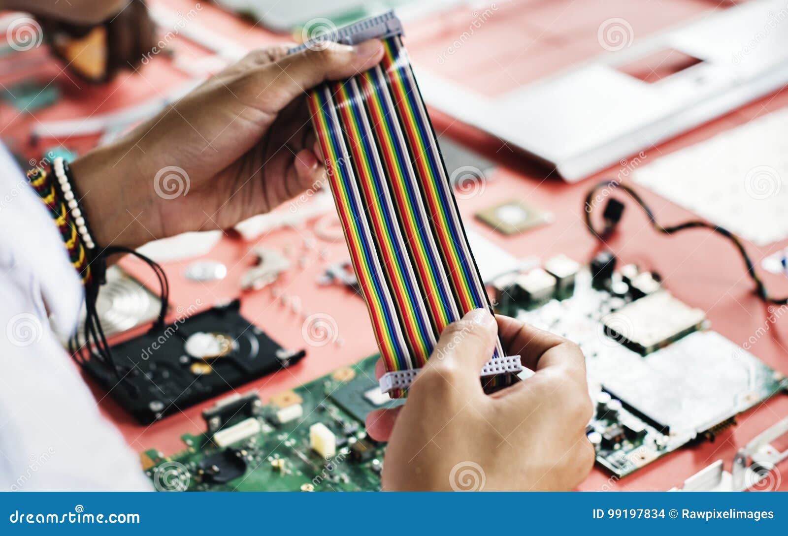 Close Up of Hands Holding Computer Breadboard Flat Wires Cables Stock ...