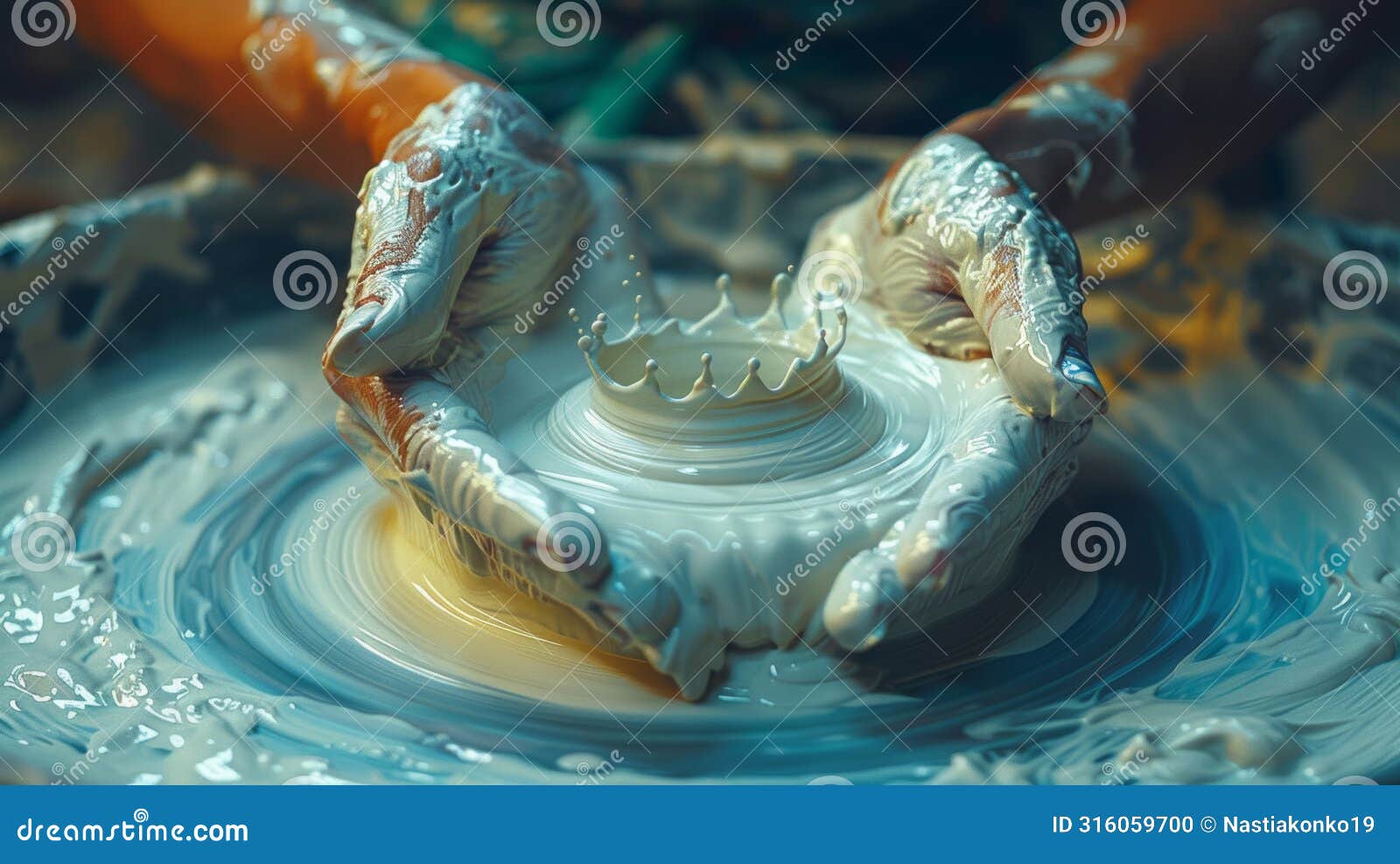 Close Up of Hands Holding Crown Splash from Clay Stock Photo - Image of ...