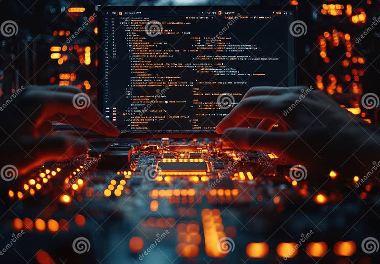 Close-up of Hands Installing a Computer Chip with Coding on Screen ...