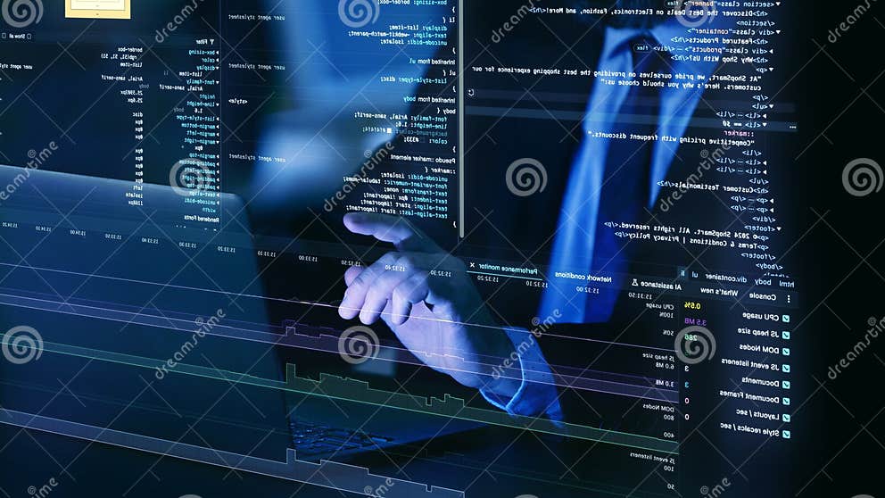 Close-up of Hands on Laptop Keyboard, Surrounded by Floating, Translucent Layers of Fictional ...