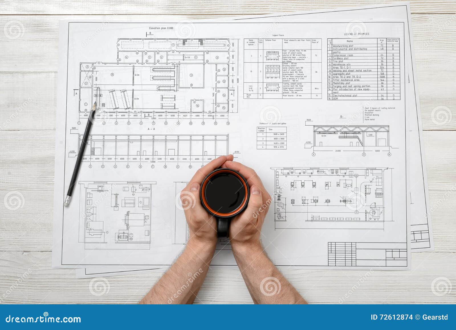Close-up Hands of Man Holding Cup Coffee Over Drawing Layout in Top ...