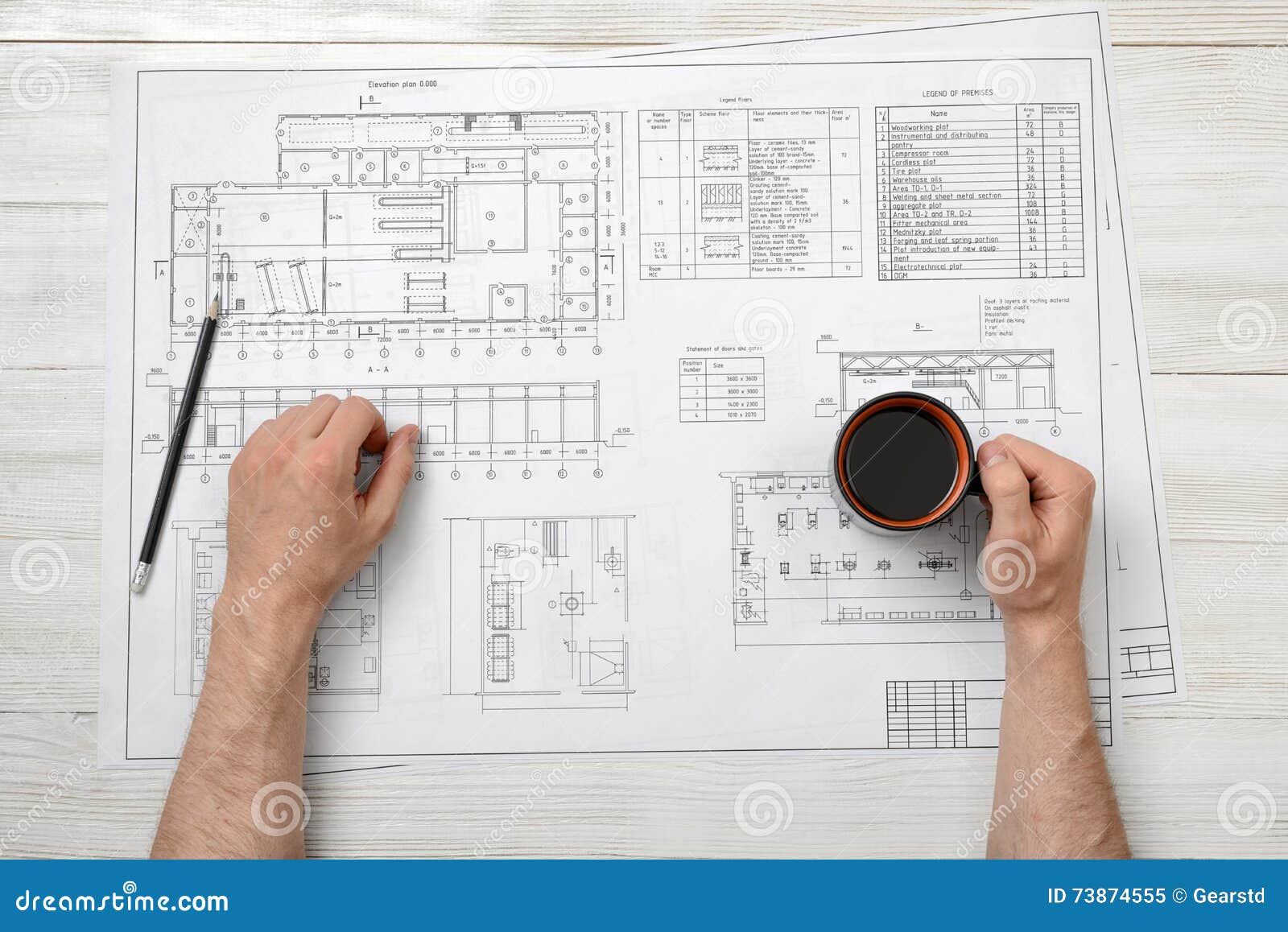 Close-up Hands of Man Holding Cup Coffee Over Drawing Layout in Top ...