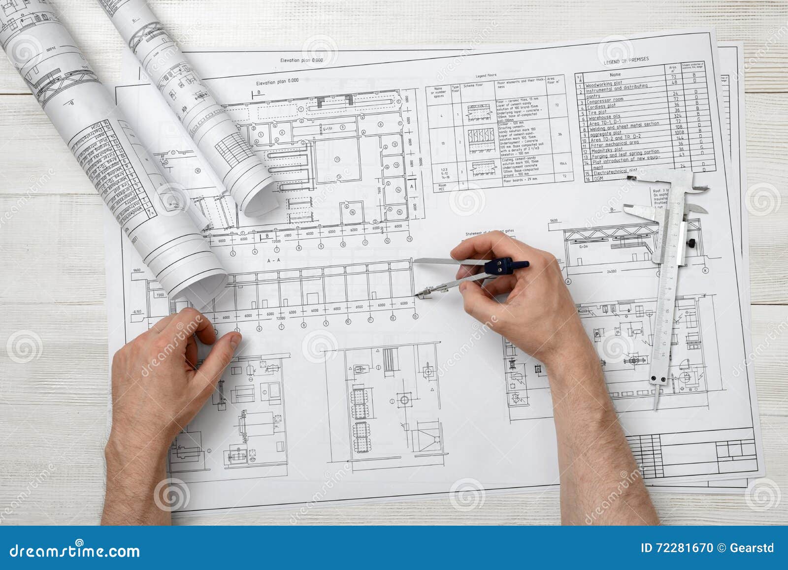 Engineering Divider, Pencil And Eraser On A Blueprint In Top View ...