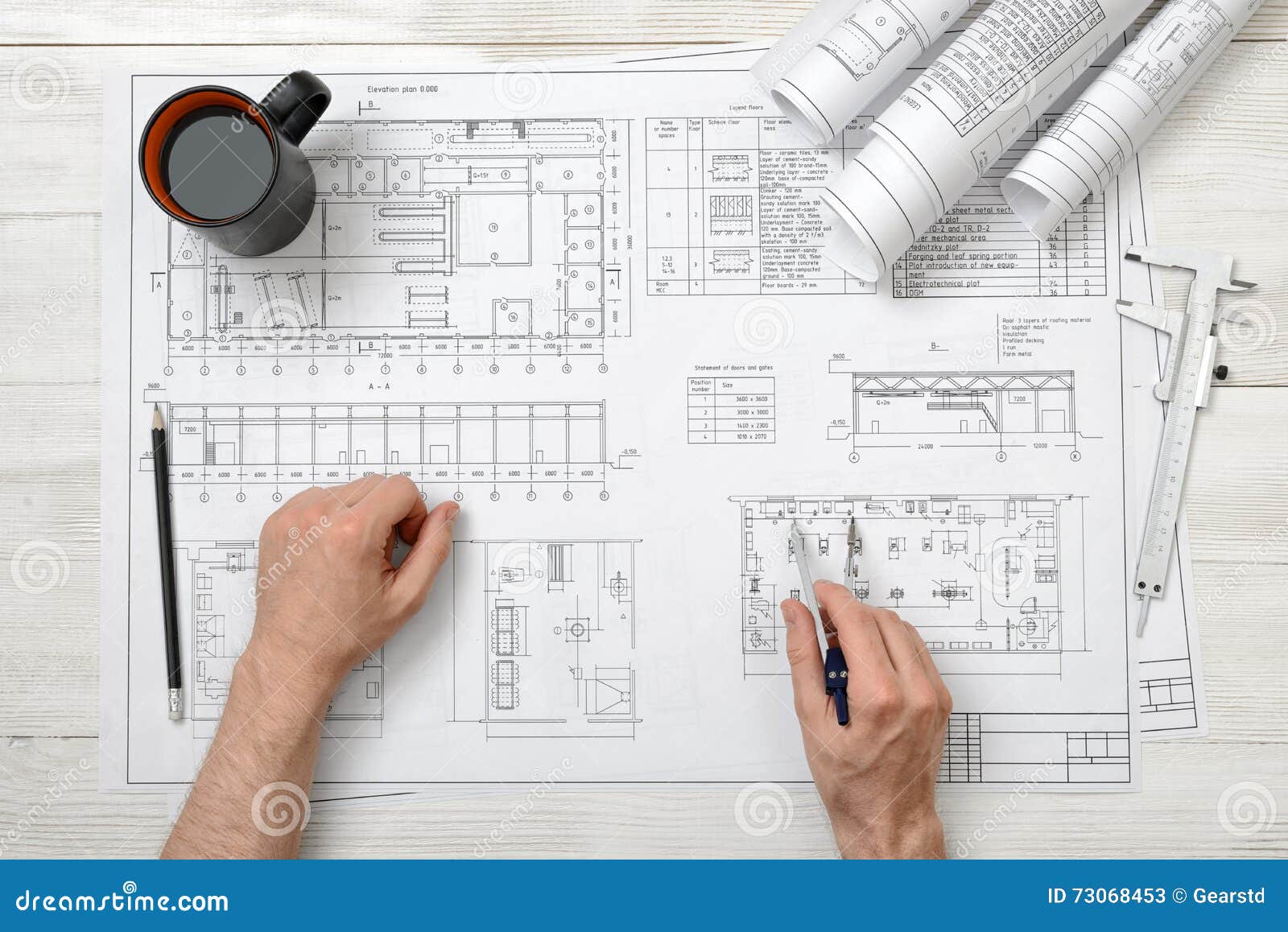 Engineering Divider, Pencil And Eraser On A Blueprint In Top View ...