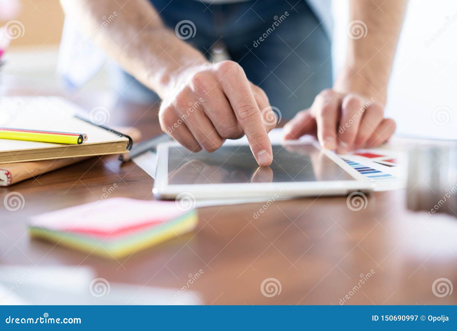 Close Up Hands of Man Touching Tablet, Multitasking on Screen in an ...