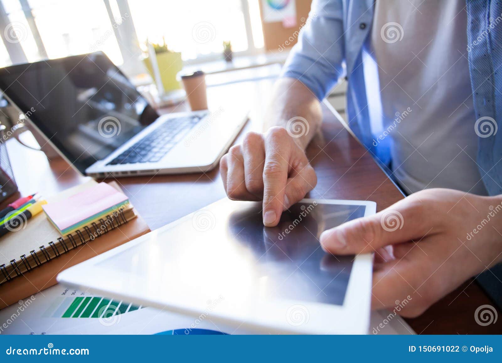 Close Up Hands of Man Touching Tablet, Multitasking on Screen in an ...