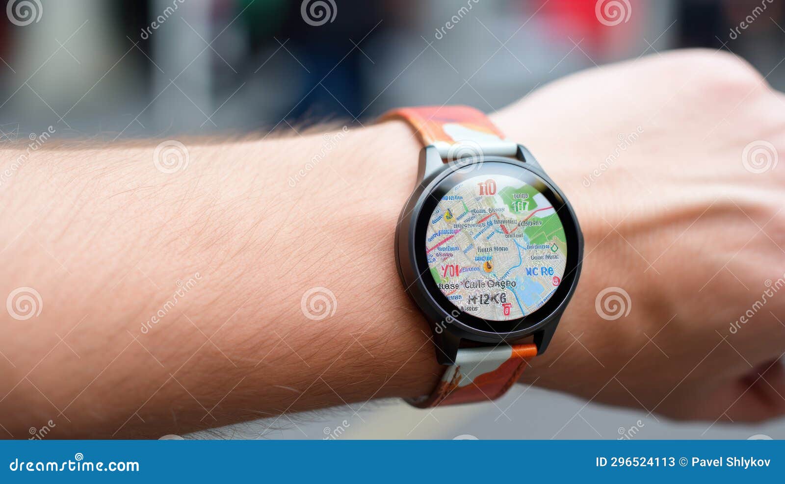Close Up of Hands with Map on Smartwatch Screen Stock Illustration ...