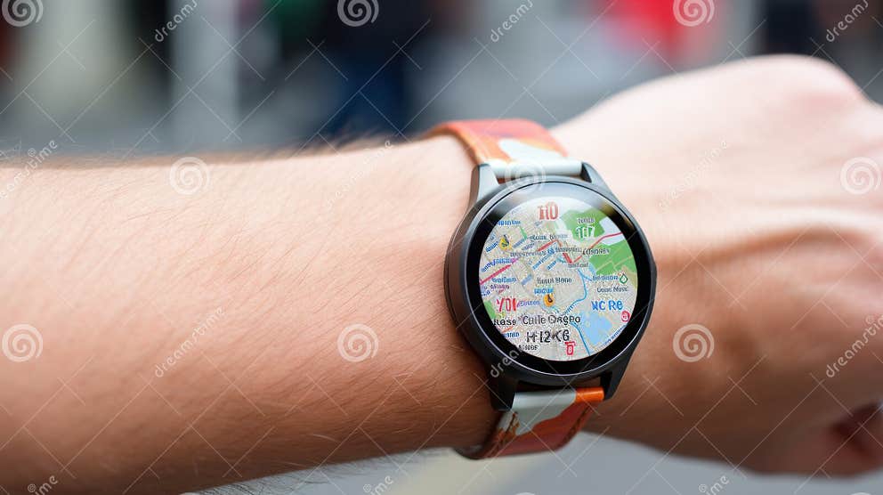 Close Up of Hands with Map on Smartwatch Screen Stock Illustration ...