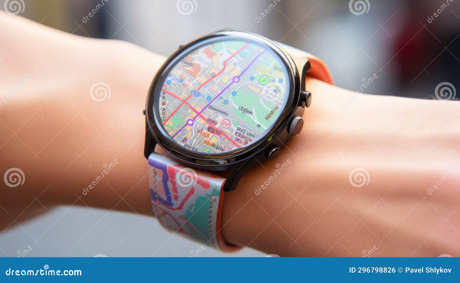 Close Up of Hands with Map on Smartwatch Screen Stock Photo - Image of ...