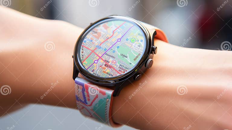 Close Up of Hands with Map on Smartwatch Screen Stock Photo - Image of ...