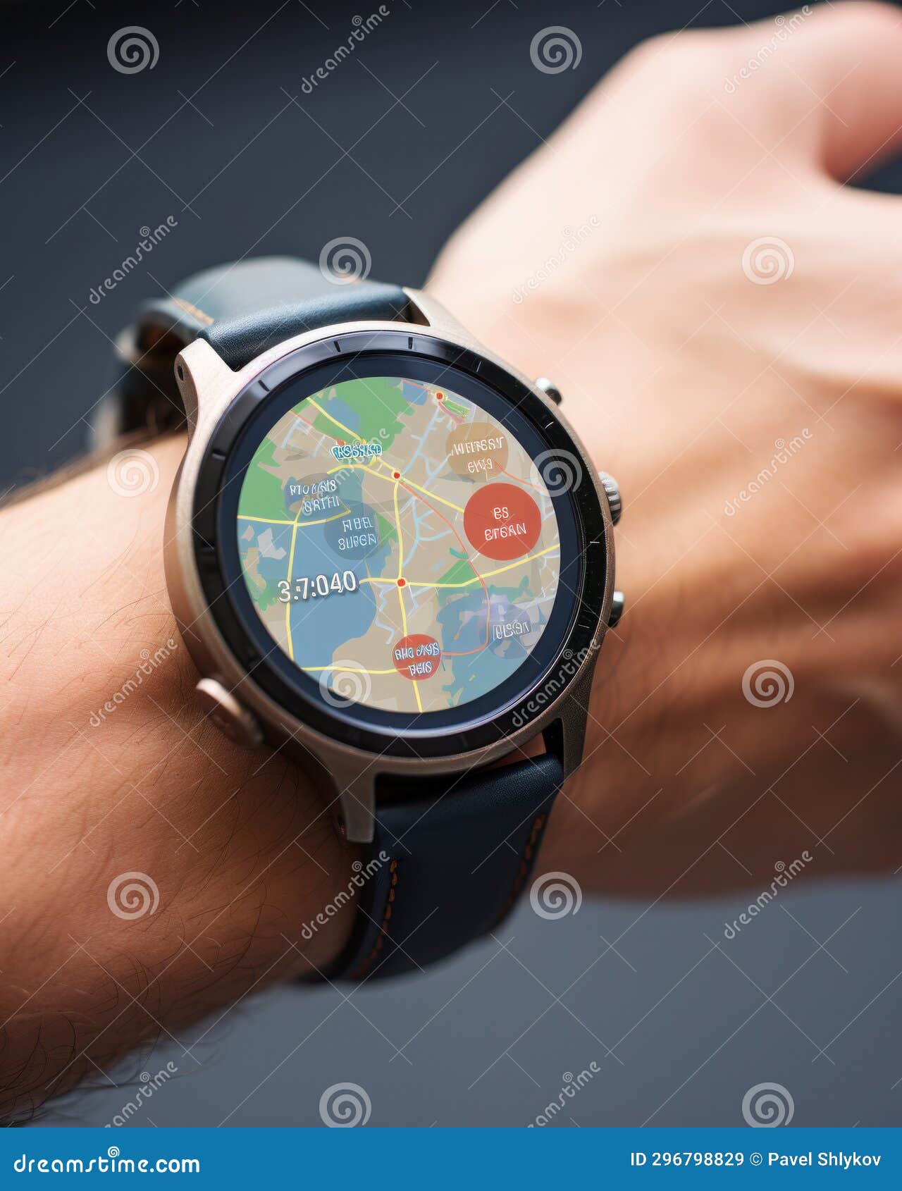 Close Up of Hands with Map on Smartwatch Screen Stock Image - Image of ...
