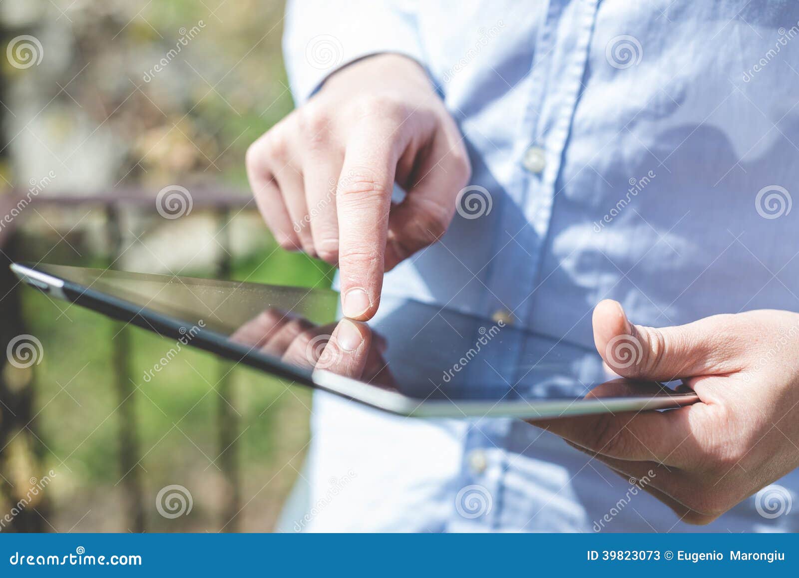 Close Up Hands Multitasking Man Using Tablet Stock Image - Image of ...