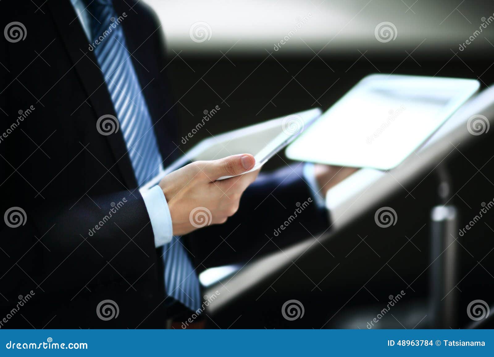 Close Up Hands Multitasking Man Using Tablet Stock Photo - Image of ...