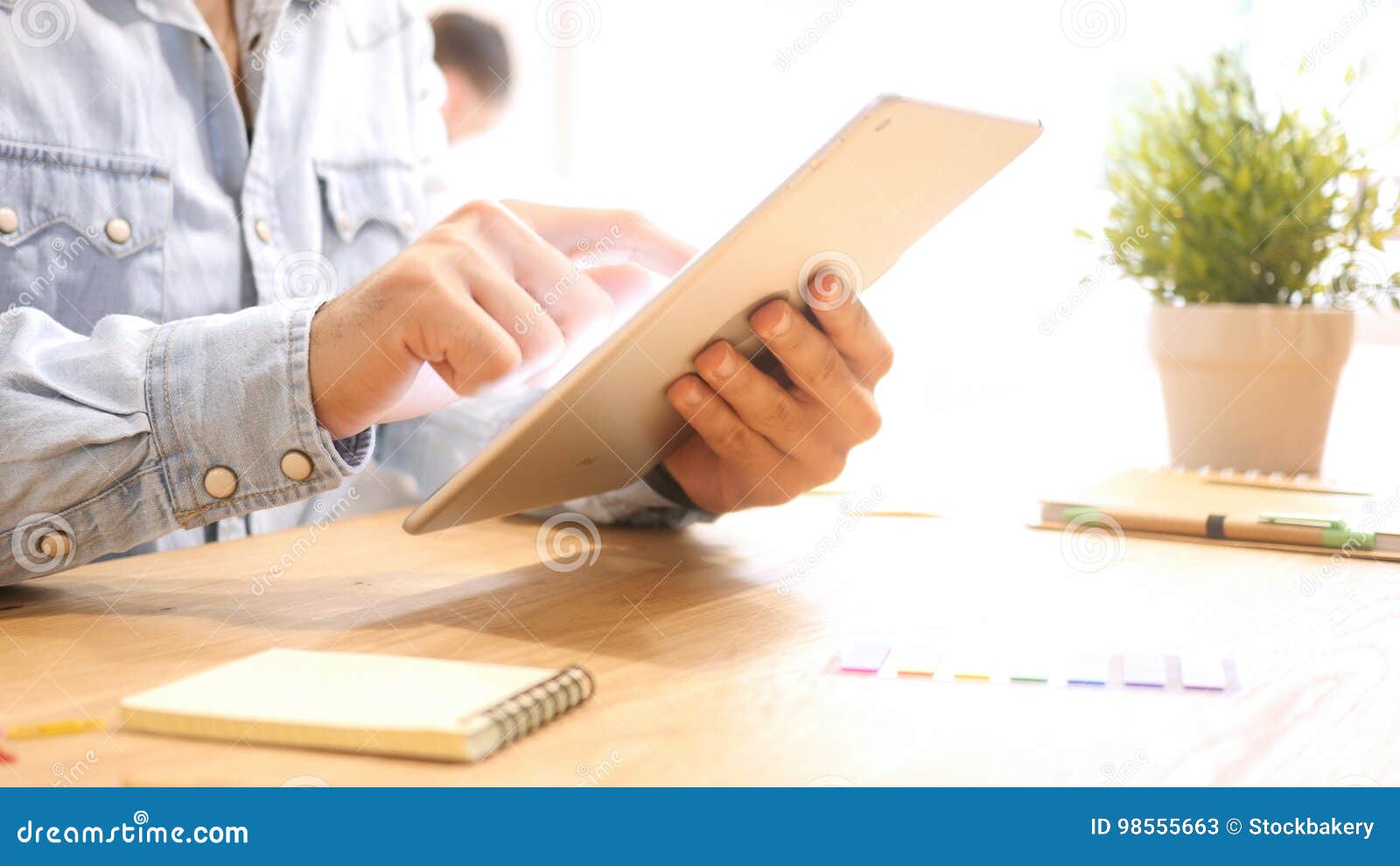 Close Up Hands Multitasking Man Using Tablet at Work Desk Stock Image ...