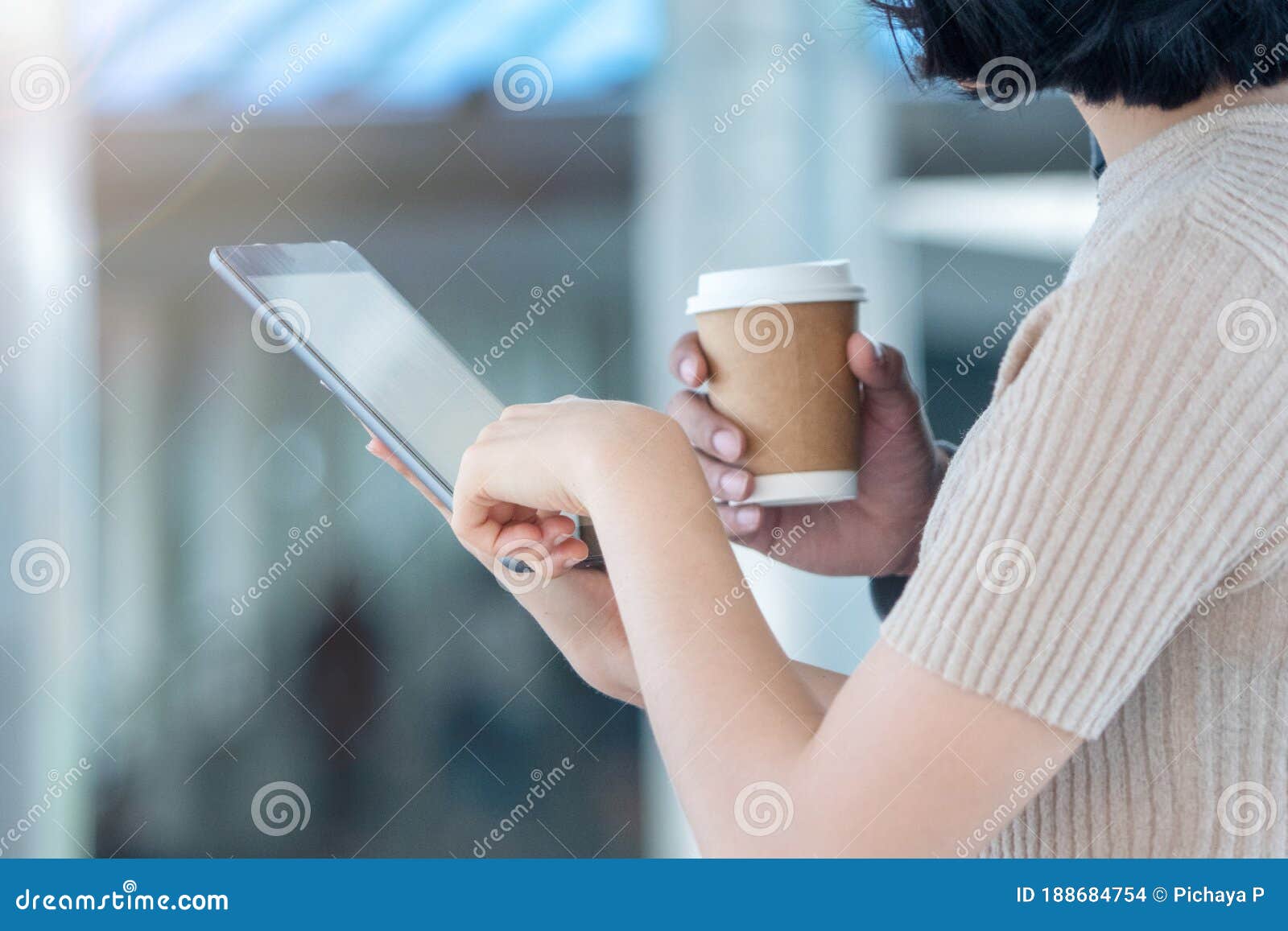 Close Up Hands Multitasking Using Touchscreen Tablet, Concept ...