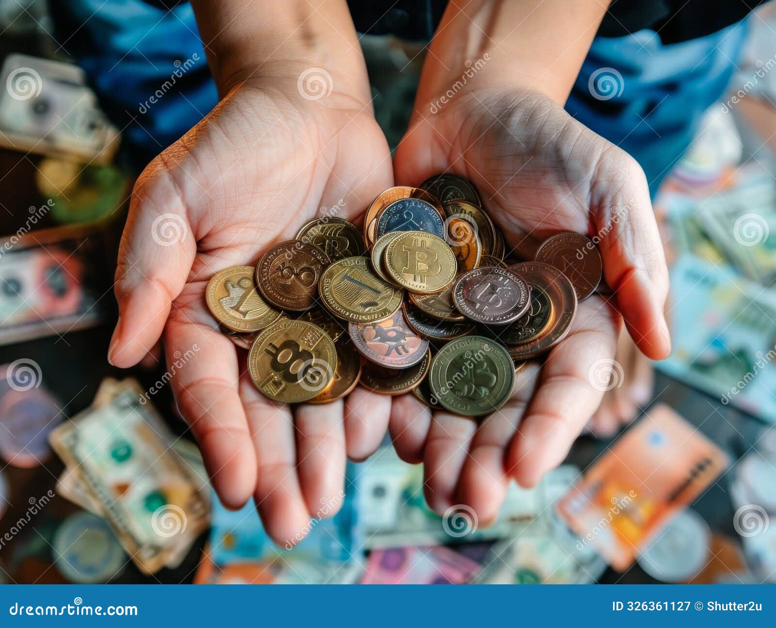 Close Up on Hands Offering Various Currencies Generosity and Sharing ...
