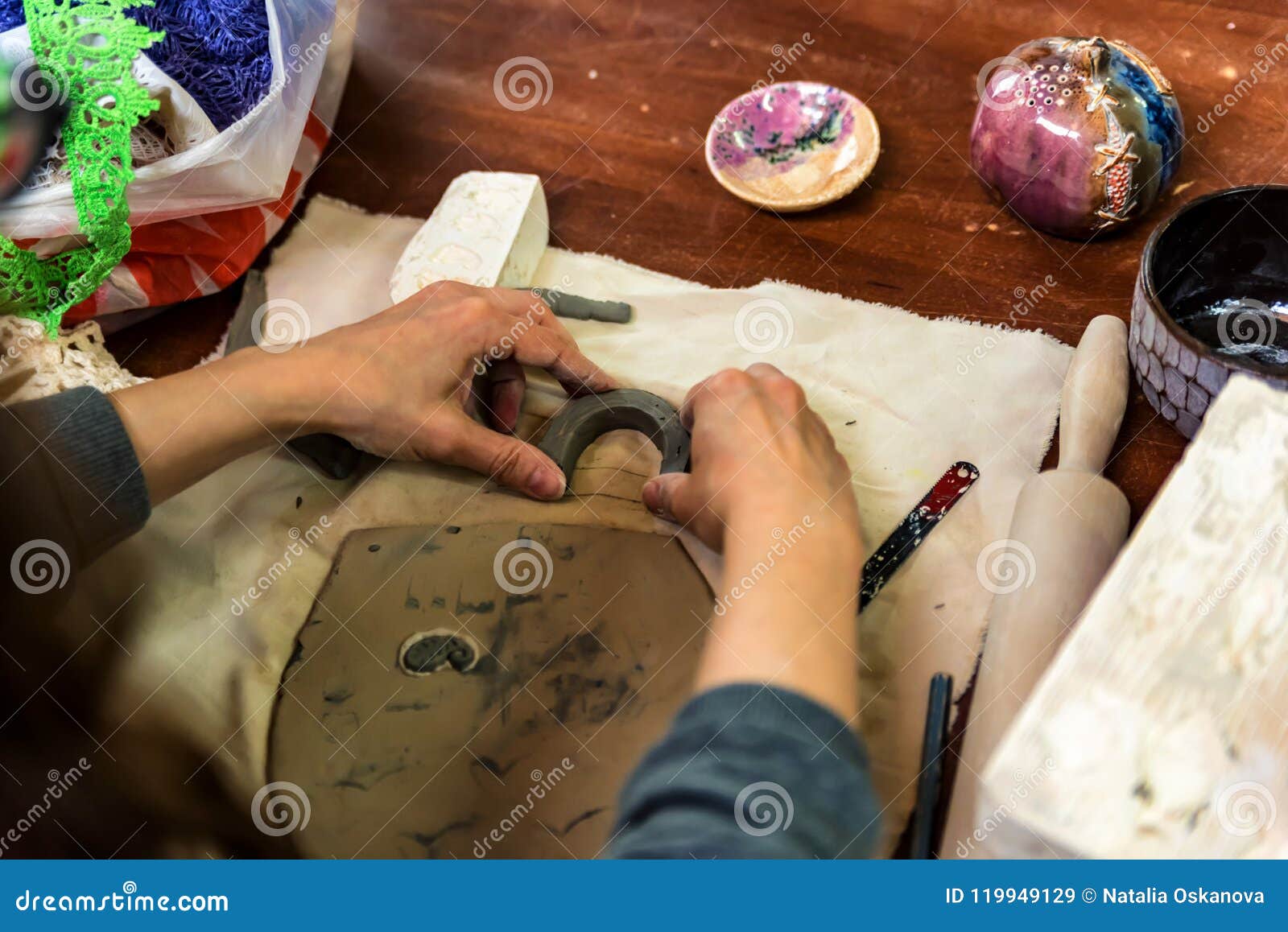 Pottery Workshop. Hands Make Print on Clay Stock Image - Image of herb ...