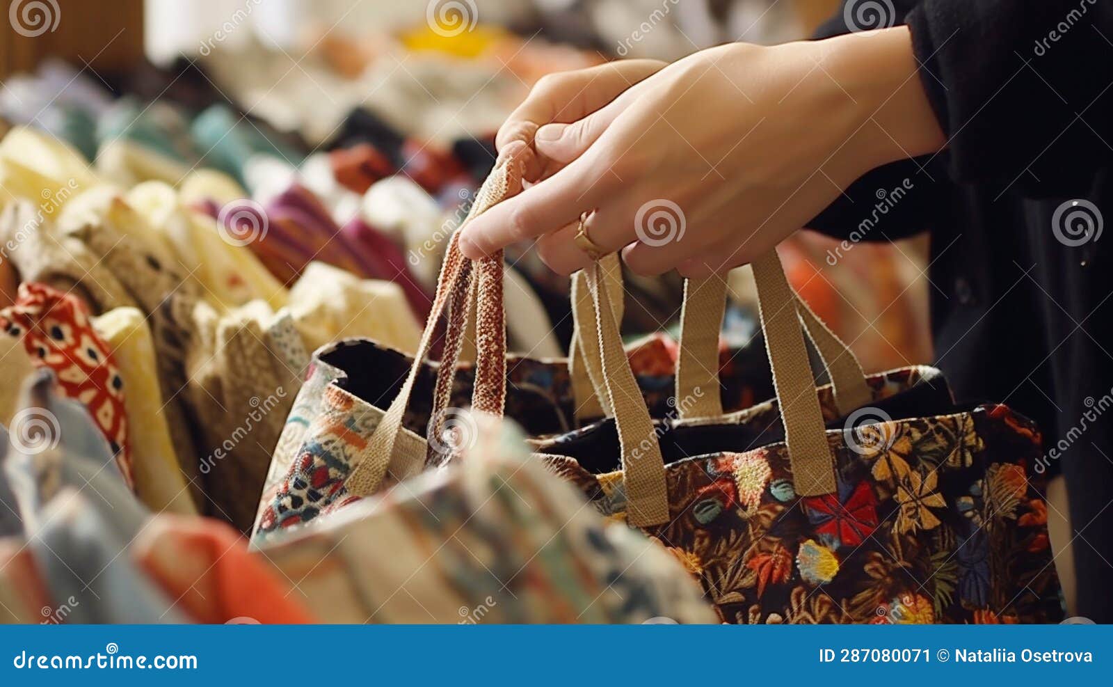 Close-up of Hands Selecting Vintage Textile Shopping Bag, Each with ...