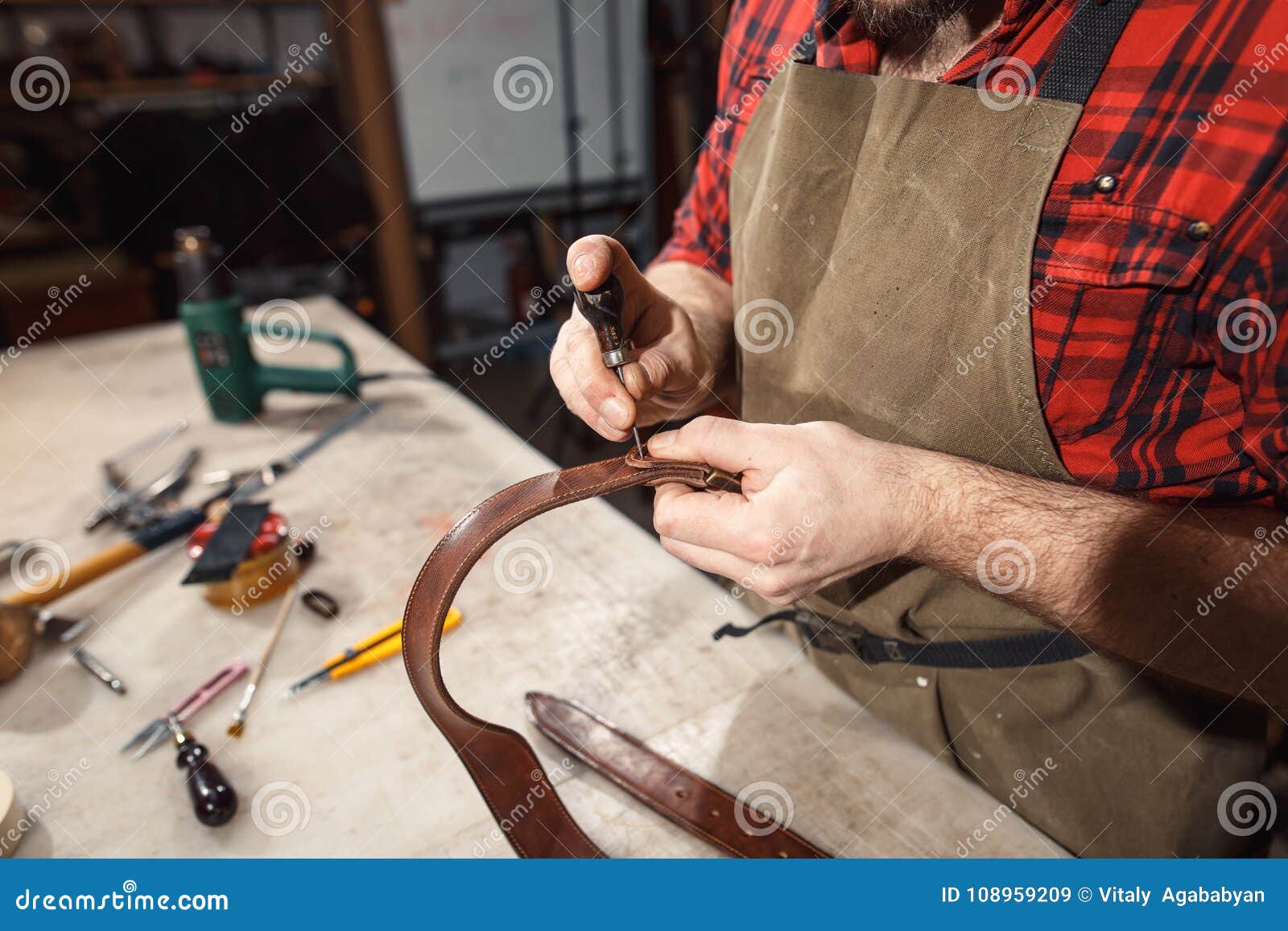 Close Up of Hands Tanner Performs Work on Table with Tools Stock Image ...