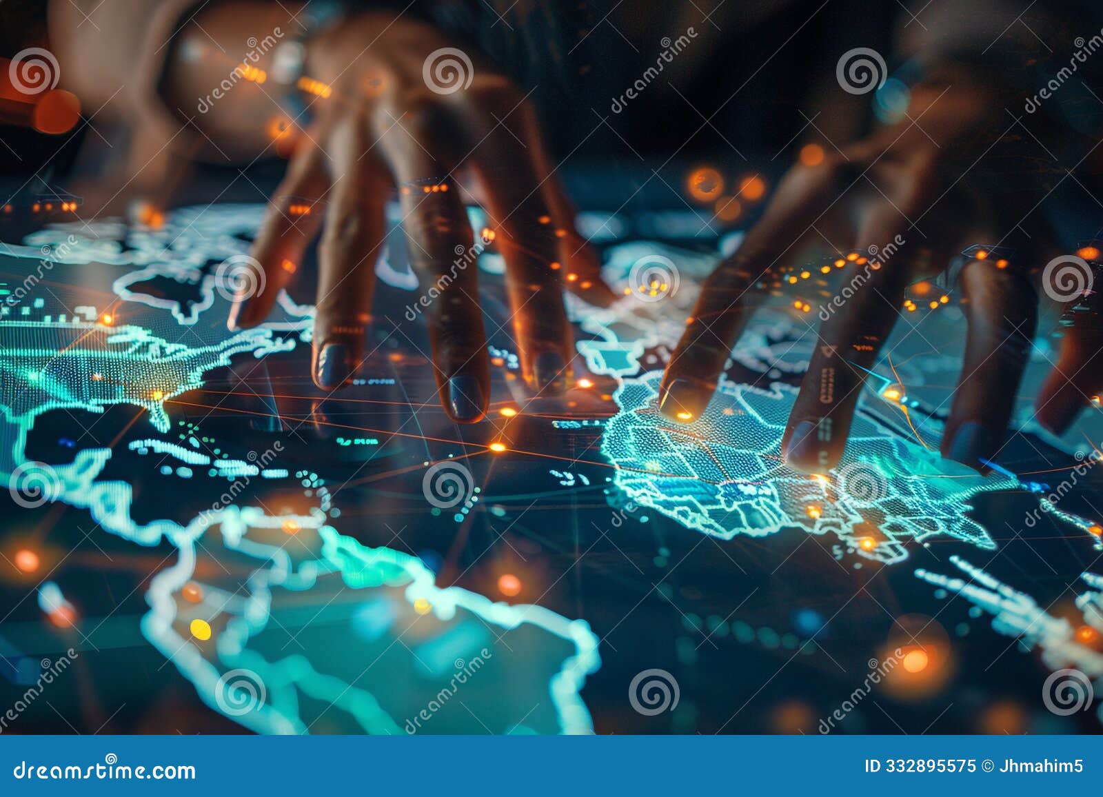 Closeup of Hands Tracking Global Shipping Routes on a Digital World Map ...