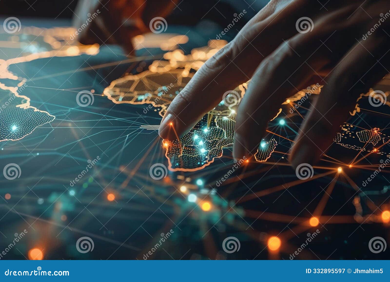 Closeup of Hands Tracking Global Shipping Routes on a Digital World Map ...