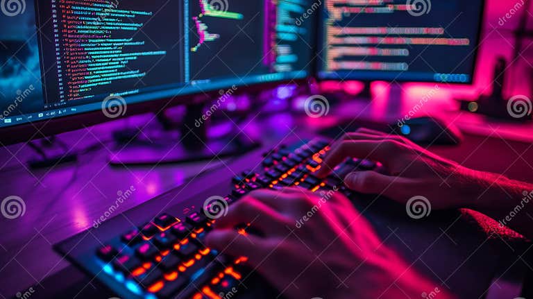 Close-up of Hands Typing on a Backlit Keyboard with Code on Dual ...
