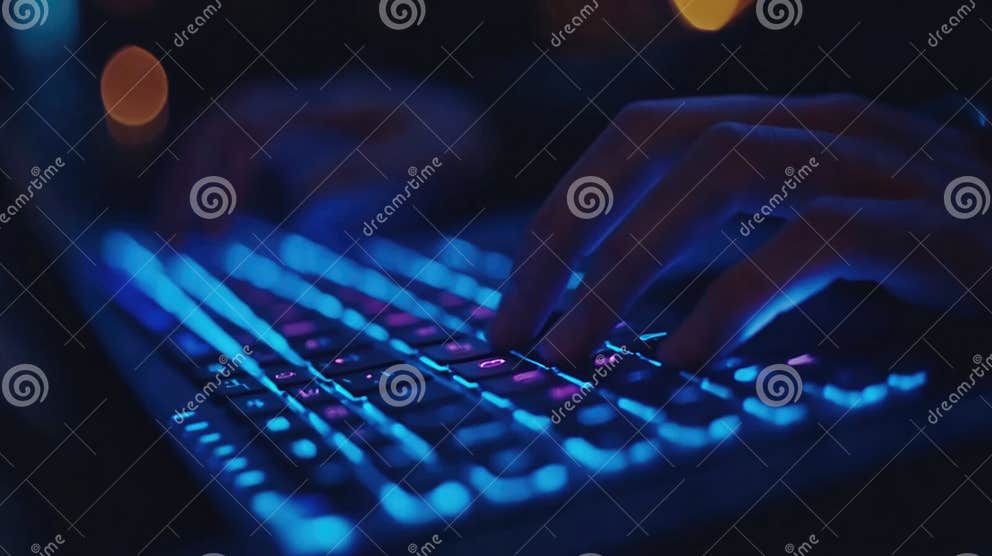 Close-up of Hands Typing on a Backlit Keyboard in a Dark Room Stock ...