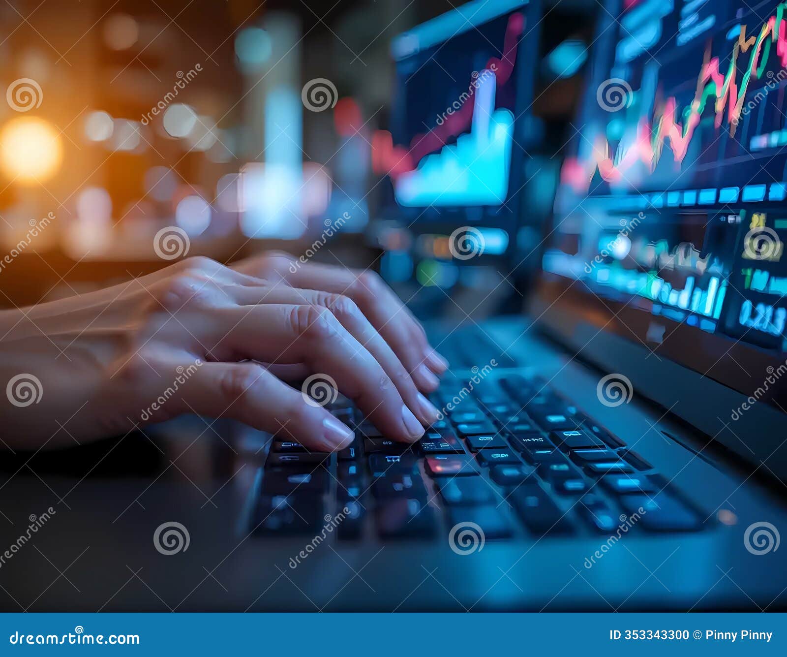 Close Up of Hands, Typing on Keyboard, with Financial Charts Stock ...
