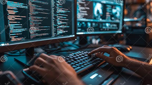 Close-up of Hands Typing on a Keyboard in Front of a Computer Screen with Code Displayed Stock ...