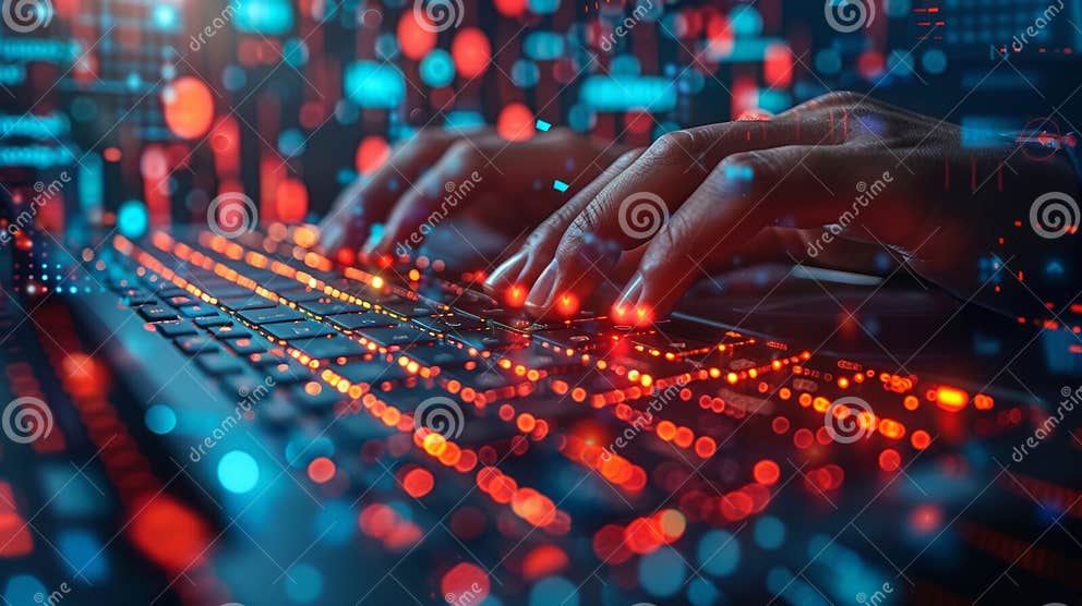 Close-up of Hands Typing on a Keyboard with Vibrant Digital Visuals ...