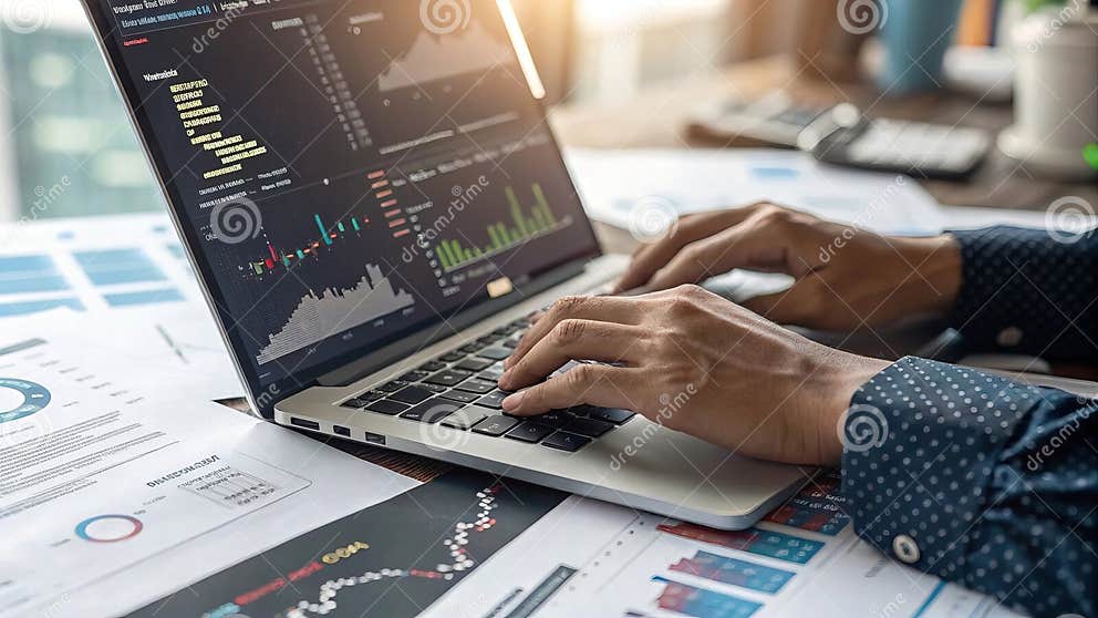 Close Up of Hands Typing on Laptop, Analyzing Financial Data and Charts ...