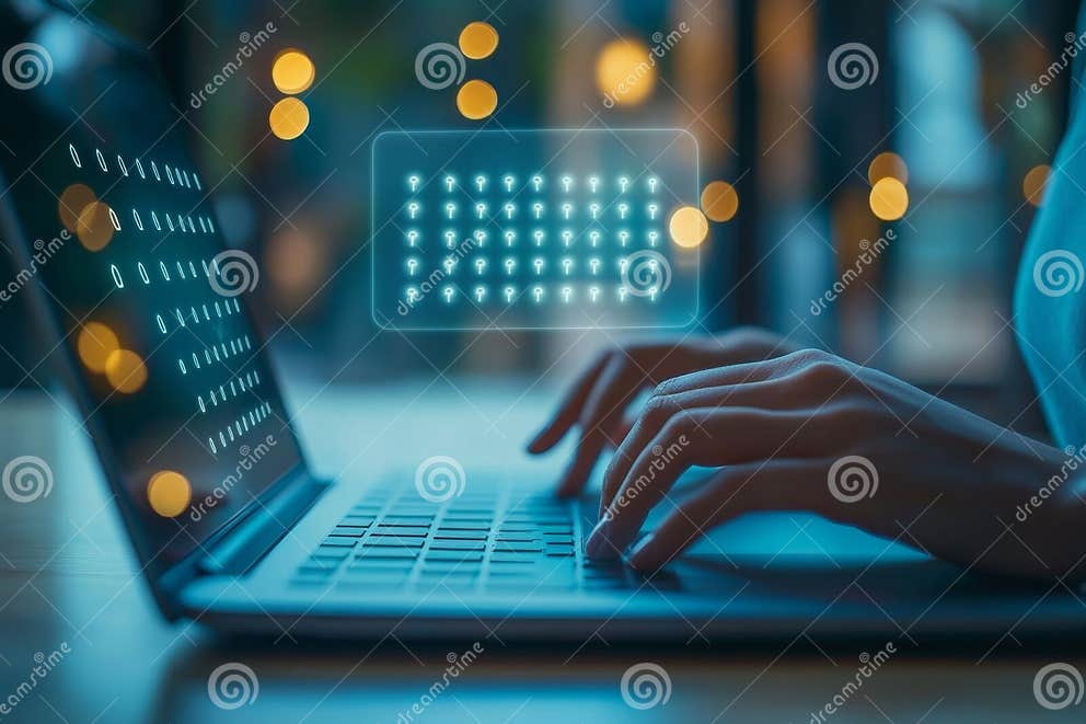 A Close Up of Hands Typing on a Laptop with Password Fields in a Bright, Modern Workspace Stock ...