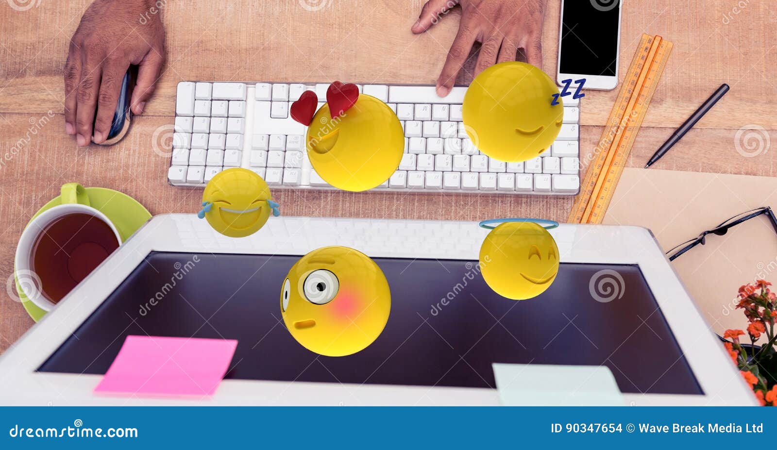Close-up of Hands Using Computer with Emojis at Desk Stock Illustration ...