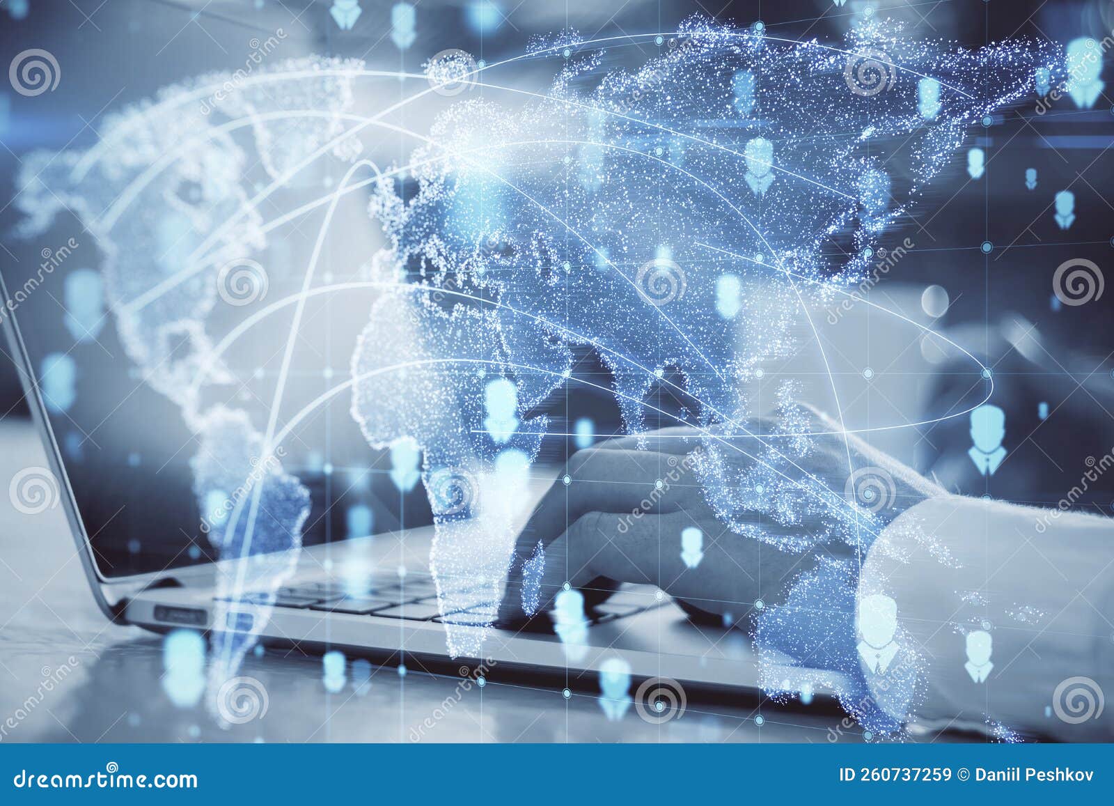 Close Up of Hands Using Laptop Computer with Abstract Glowing Map ...