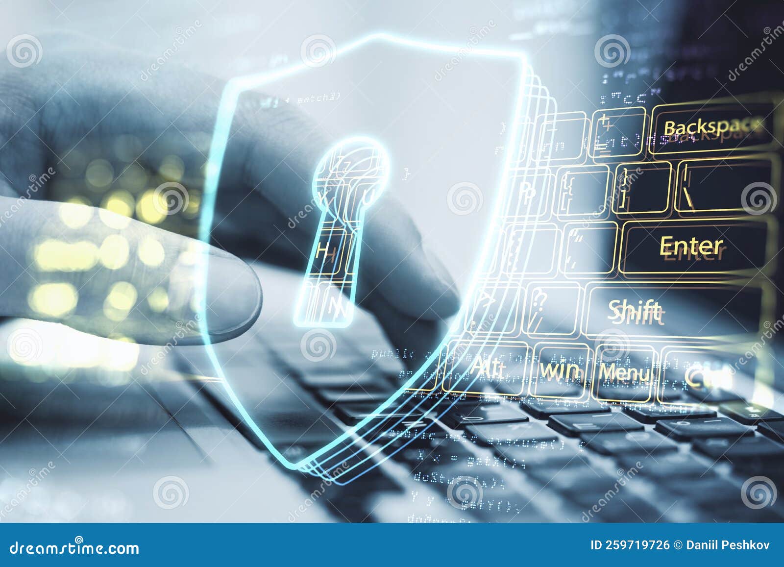 Close Up of Hands Using Laptop Computer on Desktop with Abstract ...