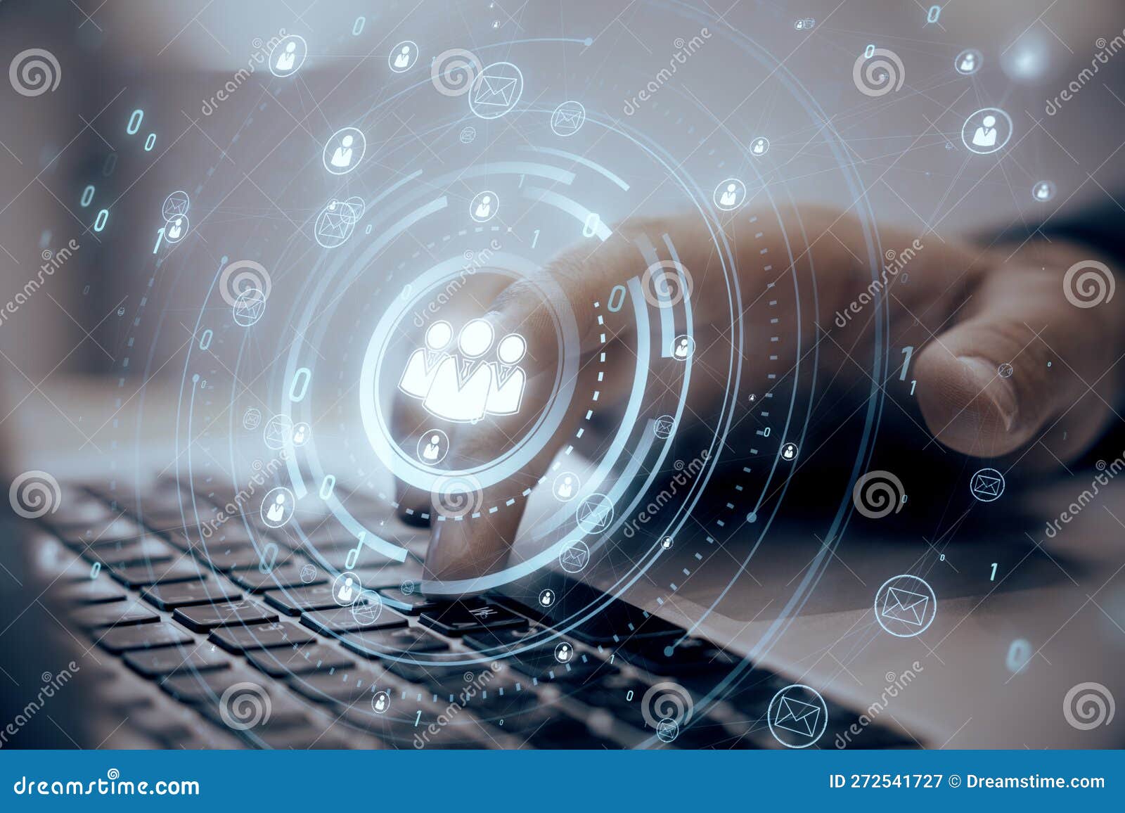 Close Up of Hands Using Laptop on Desktop with Glowing People Icons ...