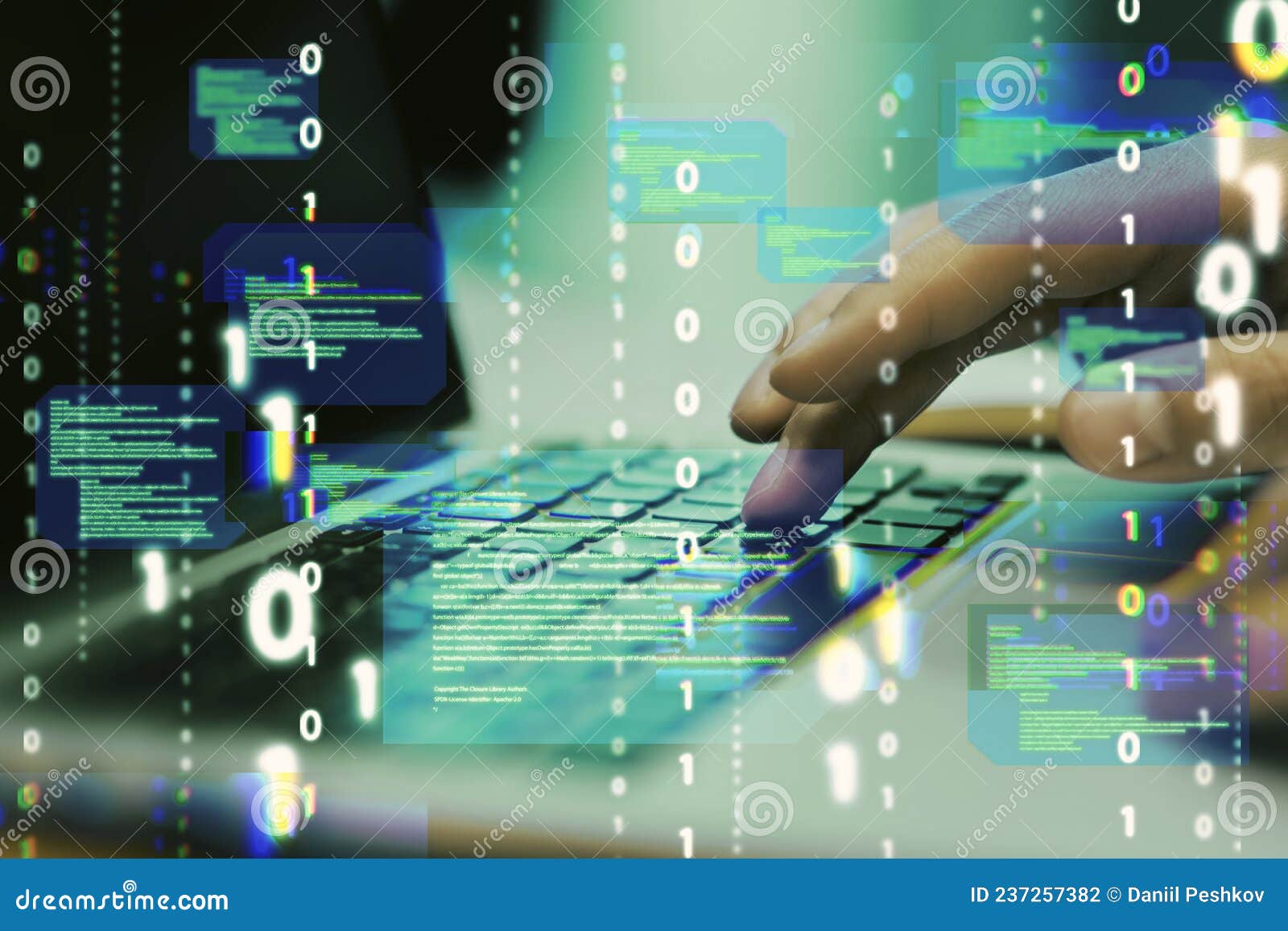Close Up of Hands Using Laptop Keyboard with Abstract Coding Binary Code Hologram on Blurry ...
