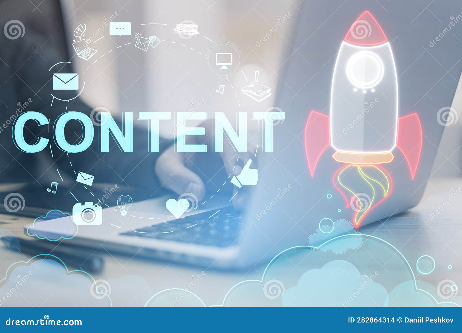 Close Up of Hands Using Laptop Keyboard with Creative Rocket Ship ...