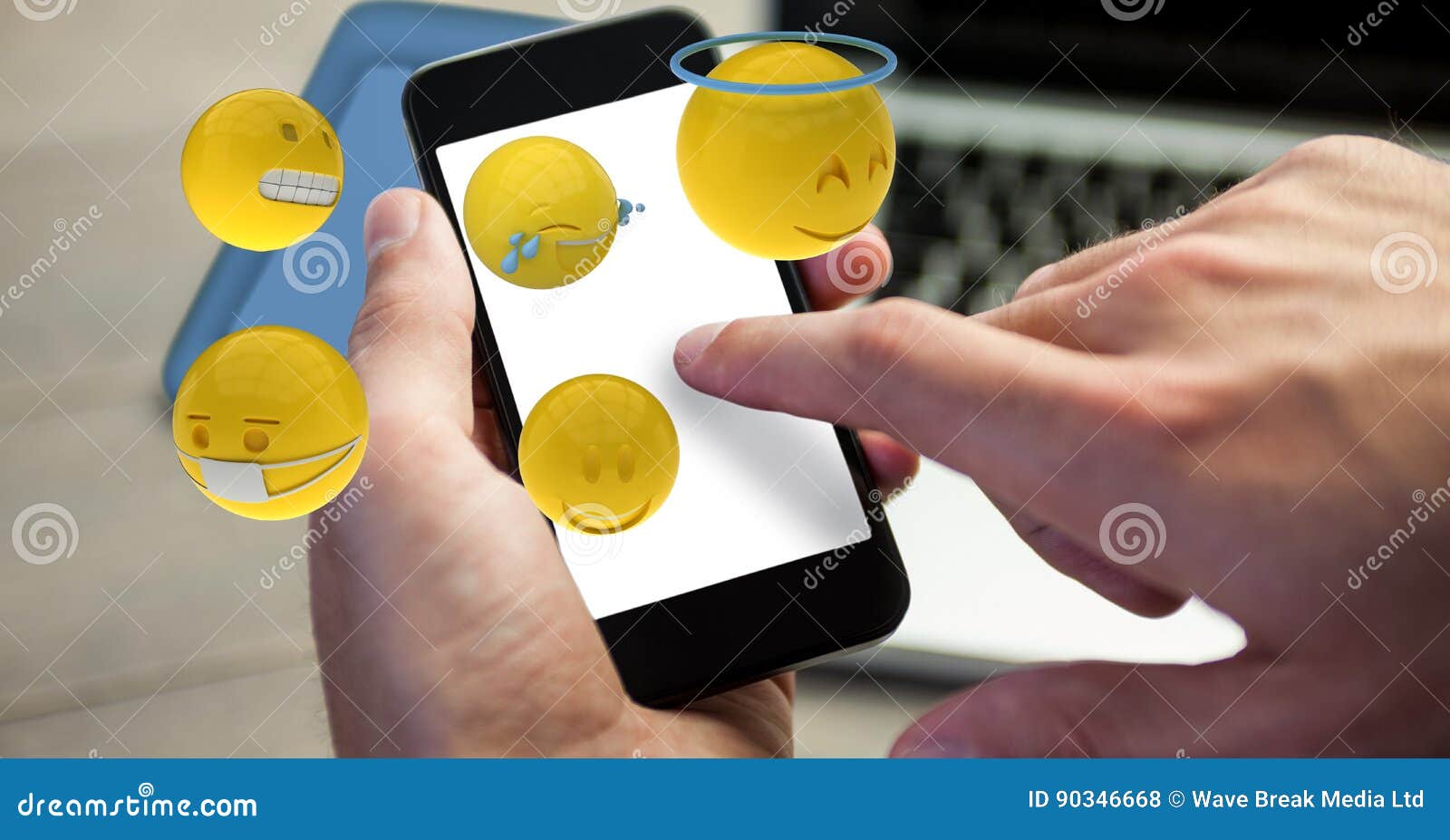 Close-up of Hands Using Smart Phone with Various Smiley Faces Stock ...