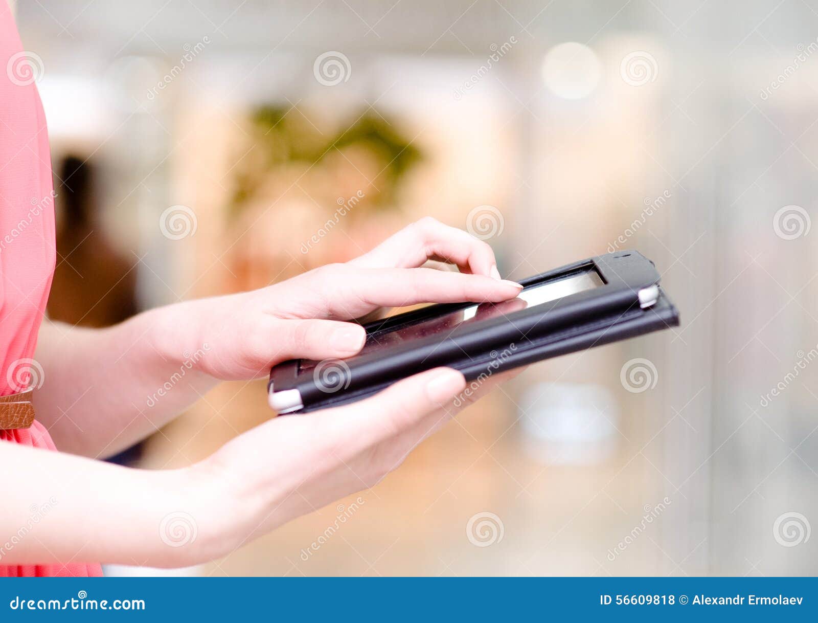 Close Up Hands Using Tablet Computer in Shopping Mall Stock Photo ...