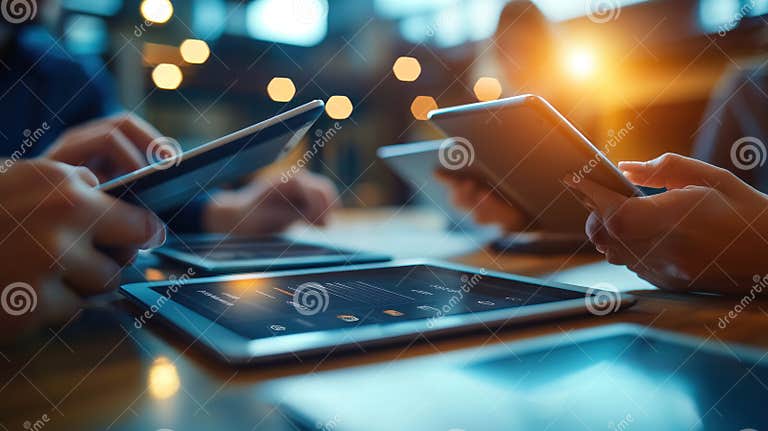 Close Up of Hands Using Tablets for Teamwork Stock Photo - Image of ...