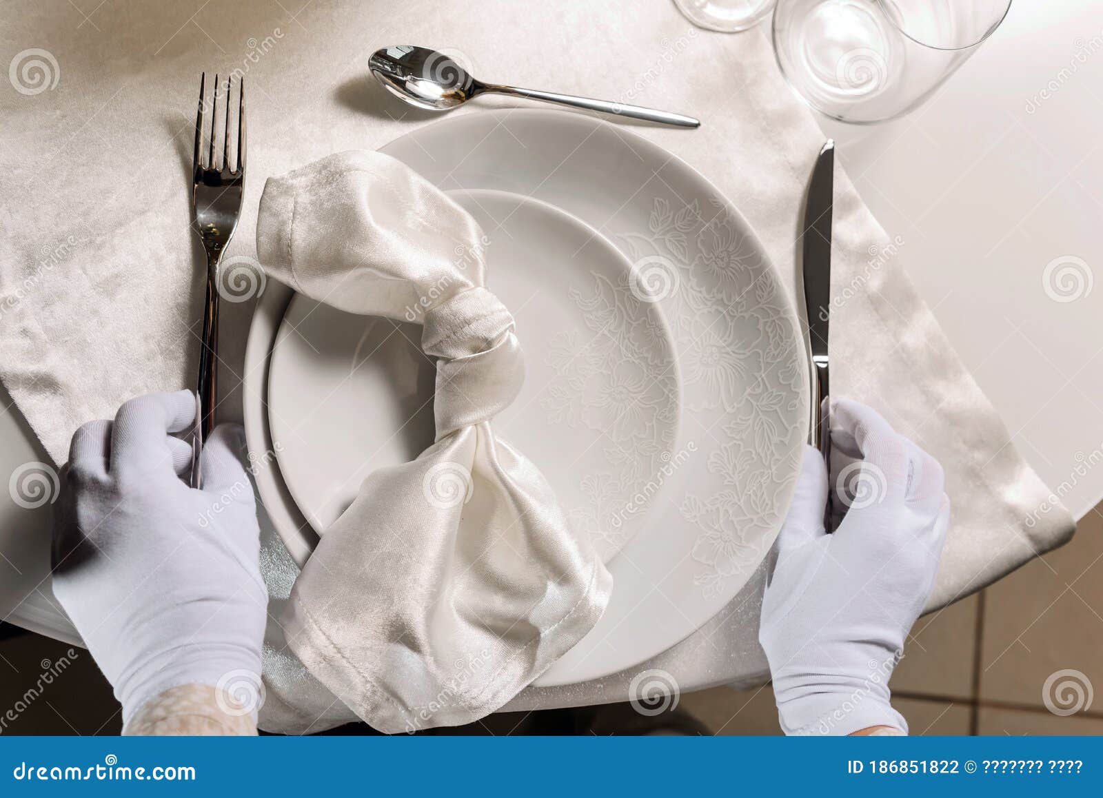 Close-up of Hands in White Gloves Serving Dinner Table Stock Photo ...