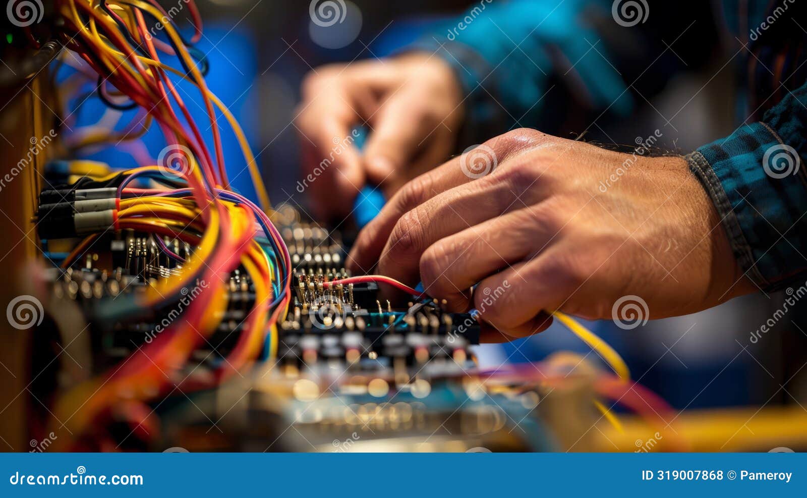 Close-up of Hands Working on an Electronic Circuit with Colorful Wires ...