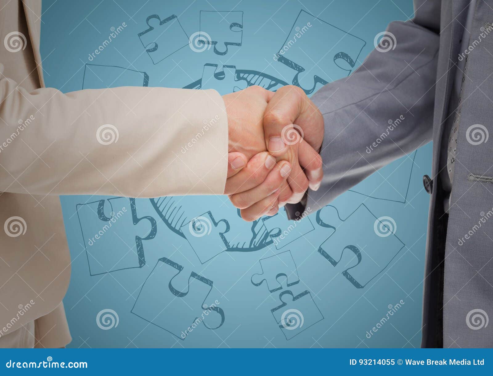 Close Up of Handshake Against Blue Jigsaw Doodle and Blue Background ...