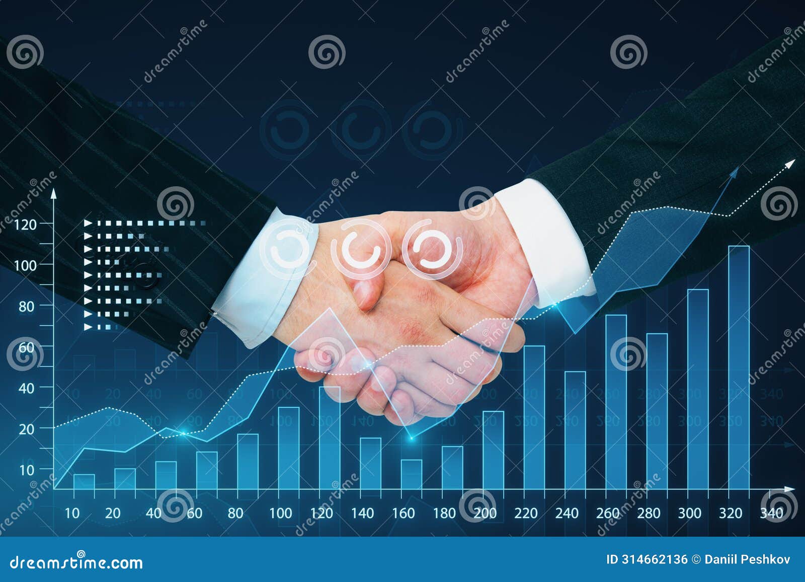 Close Up of Handshake with Growing Digital Business Chart on Blue ...