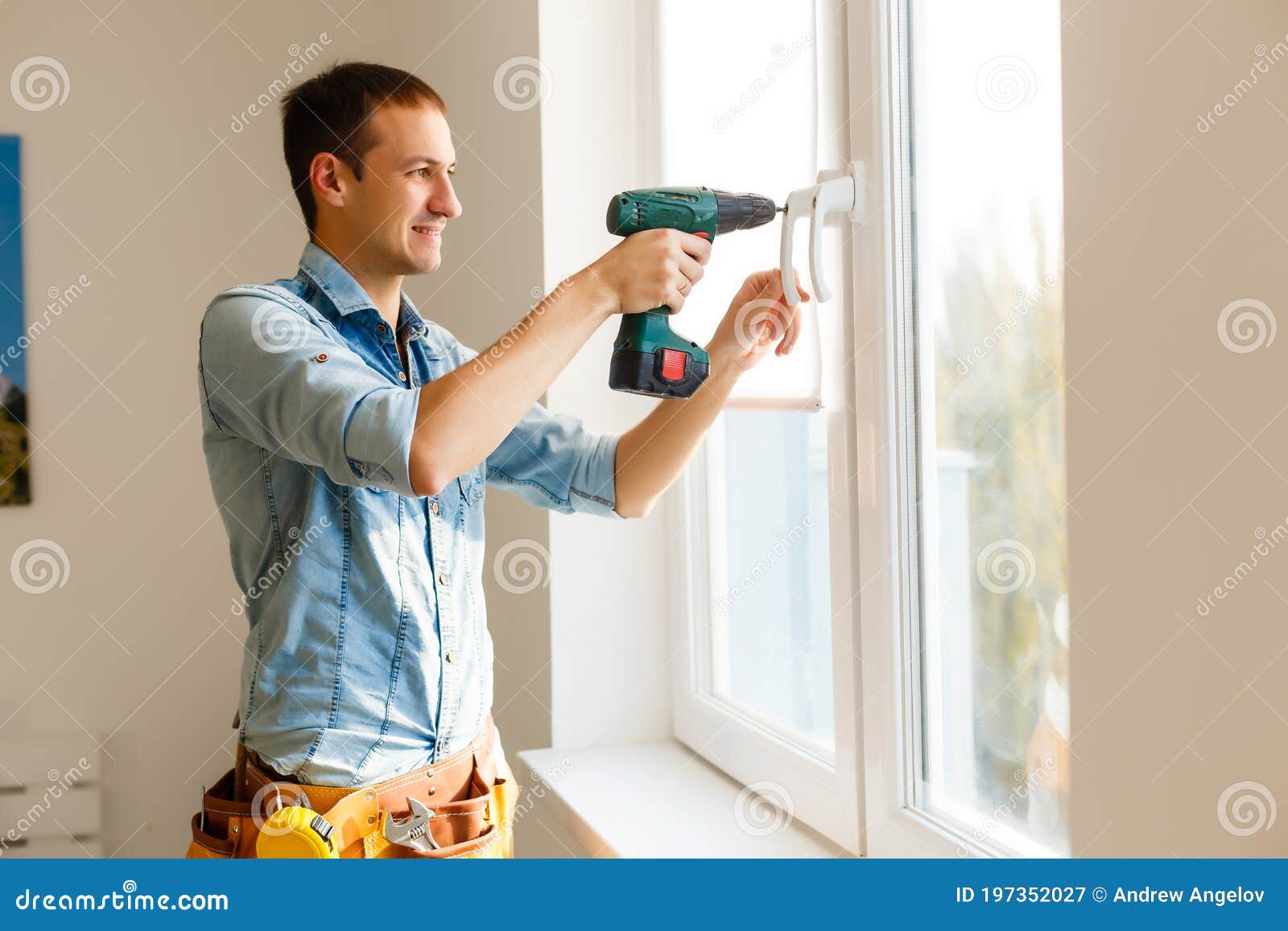 Close-up of a Handyman Fixing Window Frame Stock Image - Image of ...