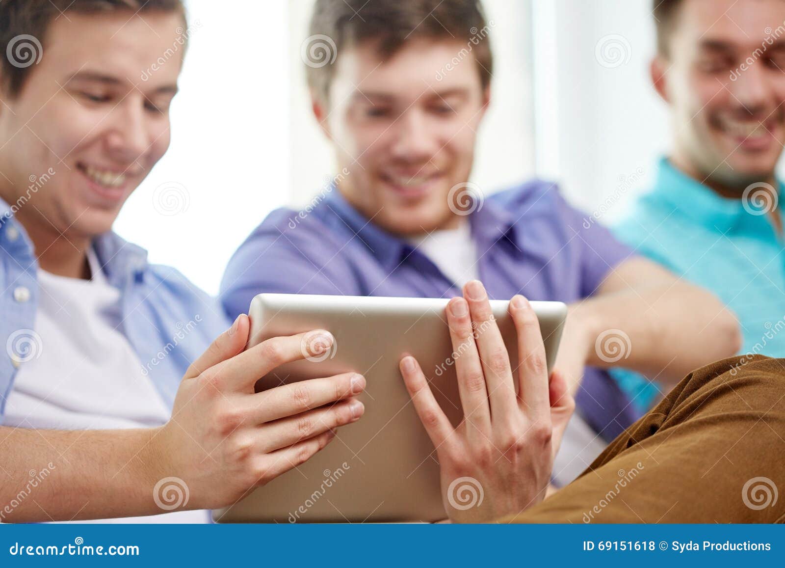Close Up of Happy Friends with Tablet Pc at Home Stock Photo - Image of ...