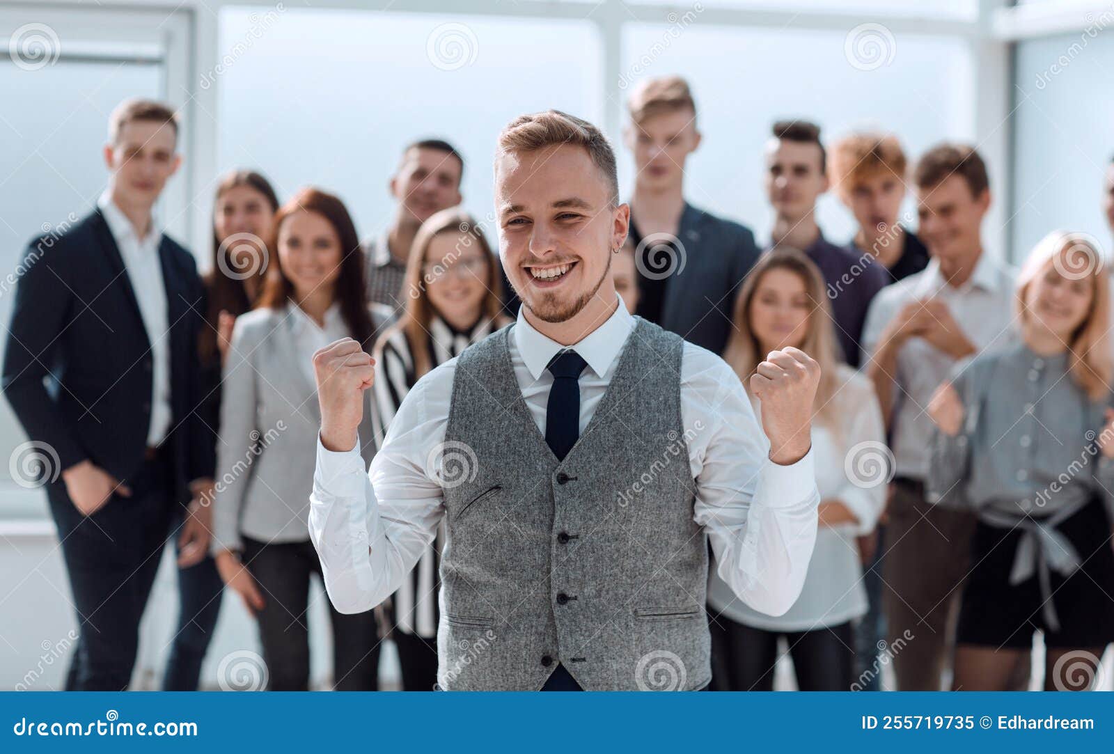 Happy Leader Standing in Front of the Business Team Stock Image - Image ...