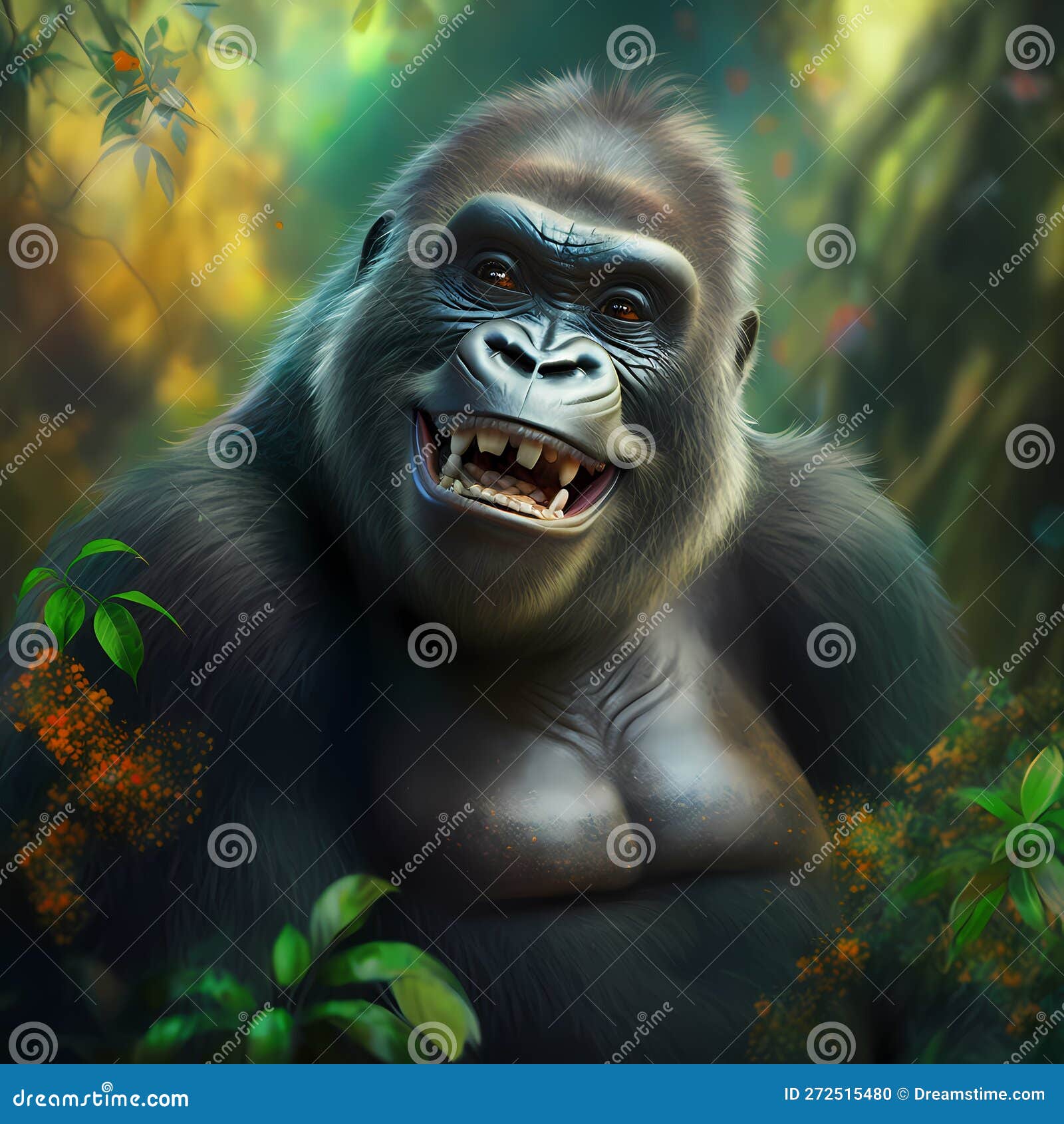 Happy Smiling Gorilla at Forest. Generative AI Stock Illustration ...